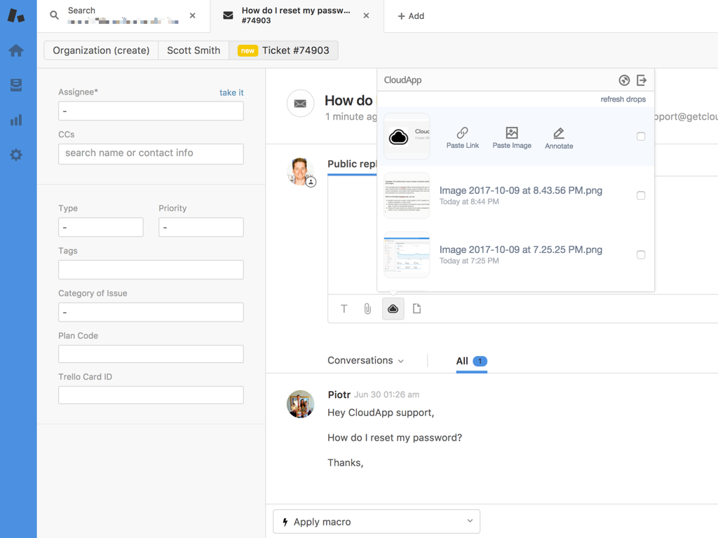 CloudApp App Integration with Zendesk Support
